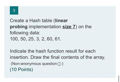 Solved 3 Create A Hash Table Linear Probing Implementation