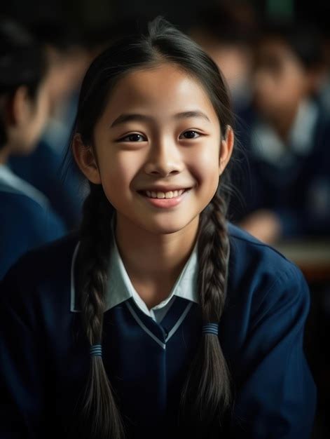Educación De Niñas Asiáticas Feliz Hermosa Niña Asiática Está Sonriendo