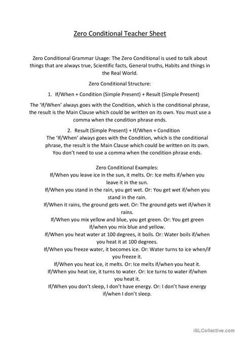 Zero Conditional Grammar Sheet For T English ESL Worksheets Pdf Doc