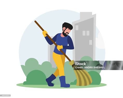 턱수염 난 얼굴 없는 남자가 빗자루로 거리를 청소하는 자원 봉사자의 벡터 쓸기에 대한 스톡 벡터 아트 및 기타 이미지 쓸기