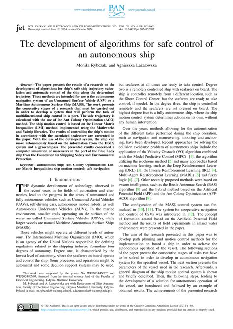 Pdf The Development Of Algorithms For Safe Control Of An Autonomous Ship