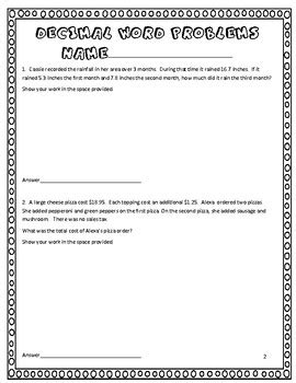 Decimal Word Problems Addition Subtraction Multi Step By Amanda Moore