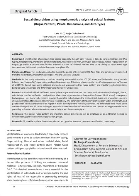 PDF Sexual Dimorphism Using Morphometric Analysis Of Palatal Features Rugae Patterns Palatal