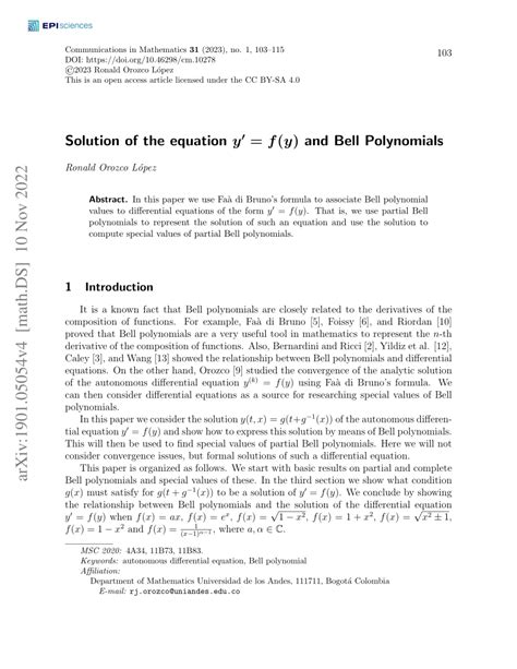 Pdf Solution Of The Equation Y F Y And Bell Polynomials