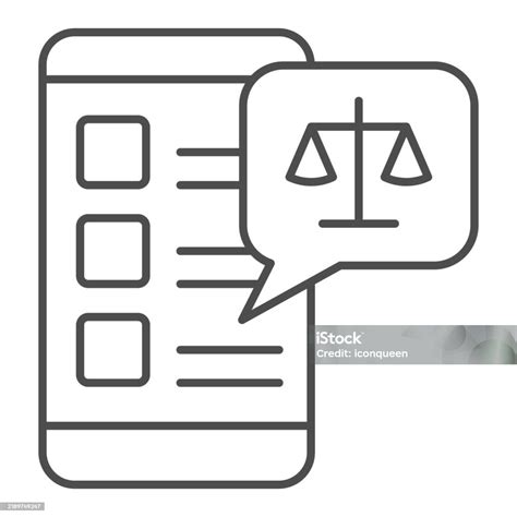 천칭 자리가 있는 스마트폰 채팅 메시지는 얇은 선 아이콘 법학 개념입니다 벡터 그래픽 전화 무게 저울 흰색 배경에 거품 기호 모바일 또는 웹 디자인을위한 윤곽선 스타일