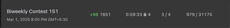Hit A Personal Best In The Recent Leetcode Biweekly Contest 151 — Ranked 979 Out Of 31175
