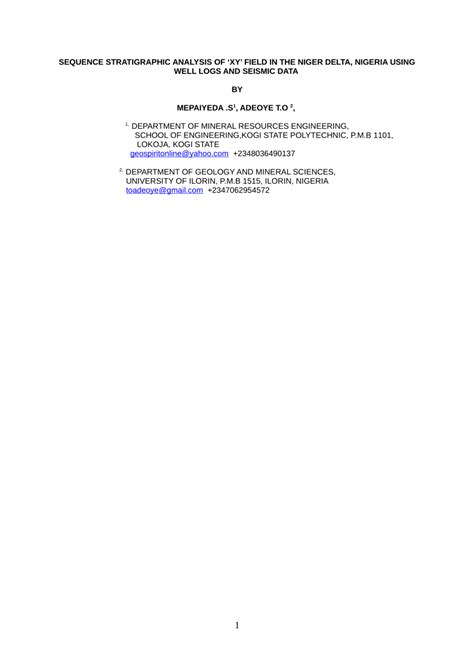 Pdf Sequence Stratigraphic Analysis Of Xy Field In The Niger Delta Nigeria Using Well Logs