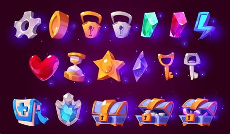 가슴 동전과 하트로 설정된 카지노 Ui 게임 아이콘 모래시계 번개 플라스크와 승자를 위한 별빛 전리품 개체 컬렉션이 포함된 온라인 모바일 앱 스토어 인터페이스용 카툰 벡터