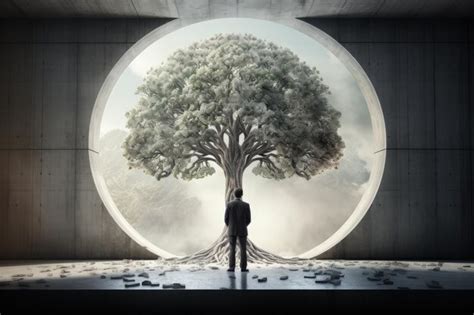 Businessperson Examining Abstract Brain Tree In Concrete Setting Symbolizes Education Growth