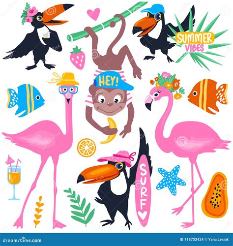 Vector Fijado Con Los Elementos Tropicales De La Historieta Ilustraci N