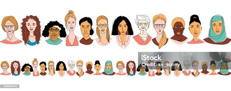 여성 다양성 머리 초상화 라인 그리기 낙서 포스터 원활한 패턴 드로잉에 대한 스톡 벡터 아트 및 기타 이미지 드로잉 여자