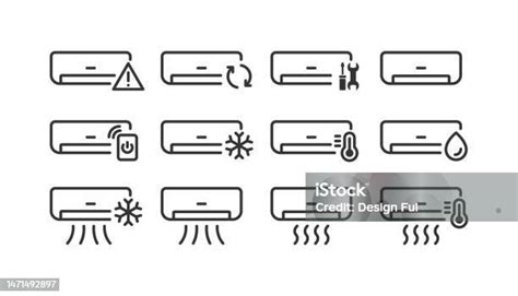 밝은 배경에 설정된 에어컨 아이콘입니다 비즈니스 아이콘 Ui 실내 온도 조절 기호입니다 공기 냉각기 습도 수리 오류 흐름 윤곽선 평면 및 컬러 스타일 플랫 디자인 벡터