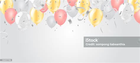 벡터 디자인 색종이와 황금 색 풍선 밝은 배경에 리본 축제 일러스트레이션 인사말 카드 3차원 형태에 대한 스톡 벡터 아트 및 기타 이미지 3차원 형태 개념 개념과