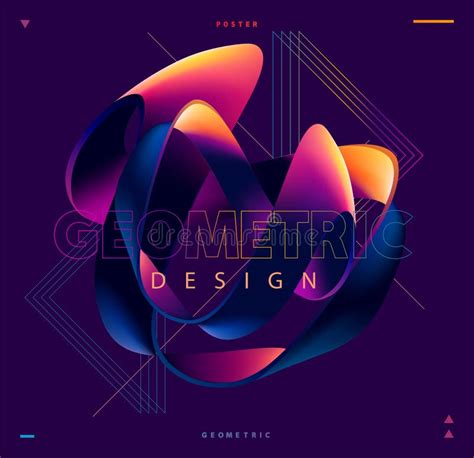 3d geometric shapes abstract poster design with swirling iridescent line vector template