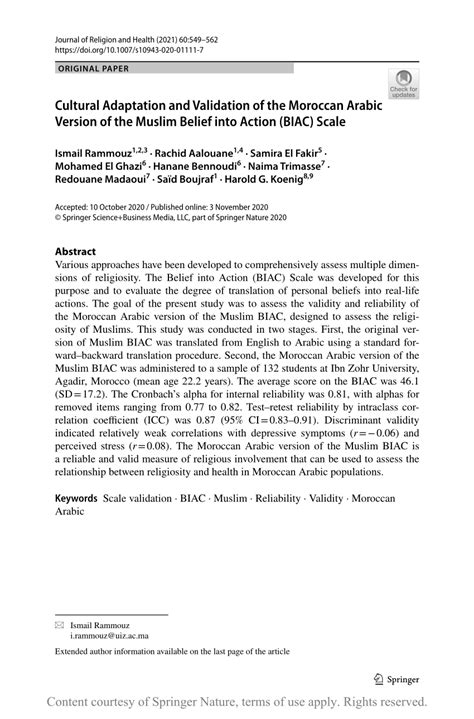 Cultural Adaptation And Validation Of The Moroccan Arabic Version Of The Muslim Belief Into
