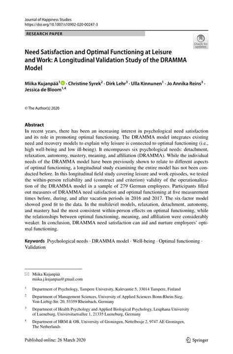 Pdf Need Satisfaction And Optimal Functioning At Leisure And Work A Longitudinal Validation