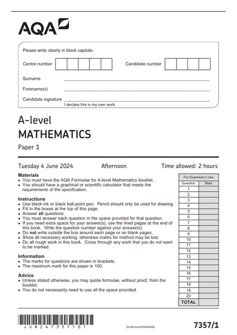 Actual Aqa 2024 Aqa A Level Maths A May June 2024 Question Paper 1 With Mark Scheme 2024
