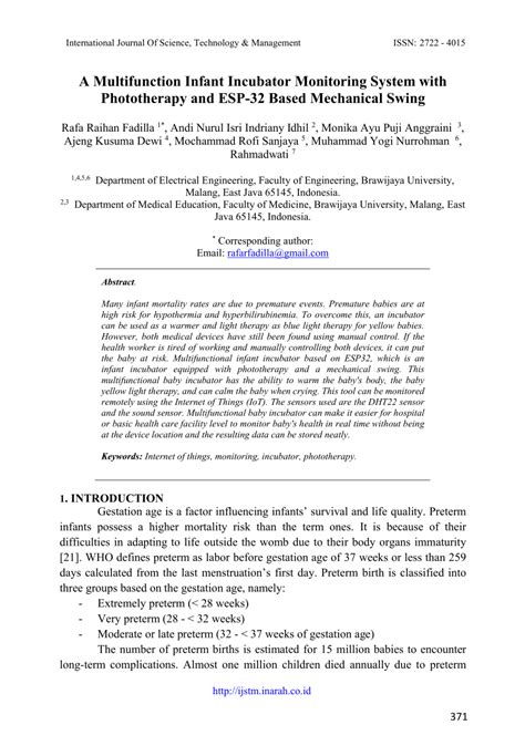 Pdf A Multifunction Infant Incubator Monitoring System With Phototherapy And Esp 32 Based