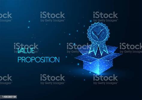 독특한 가치 제안 오픈 박스 및 우수성 수상 배지가 있는 경쟁 우위 개념 3차원 형태에 대한 스톡 벡터 아트 및 기타 이미지