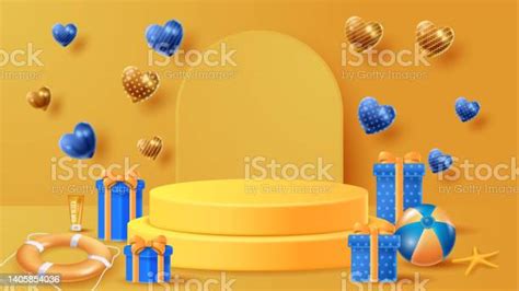 해변 장식품이있는 여름 전시 연단 장식 배경 벡터 3d 일러스트 레이 션 0명에 대한 스톡 벡터 아트 및 기타 이미지 0명 3차원 형태 강단 Istock