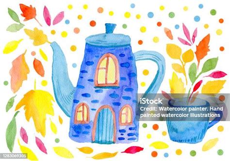 흰색 배경에 손으로 그림 수채화 차 냄비와 파란색 머그잔 그림 단풍이 다채로운 나뭇잎 다도 초대장 포스터 디자인 인사말 카드를 위한 가을 요정 하우스 가을에 대한 스톡 벡터