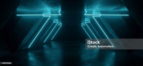 공상 과학 미래 네온 삼각형 레이저 전기 사이버 빛나는 벙커 블루 라이트 무대 차고 격납고 복도 복도 터널 시멘트 콘크리트 그런지 지하 클럽 3d 렌더링 0명에 대한 스톡