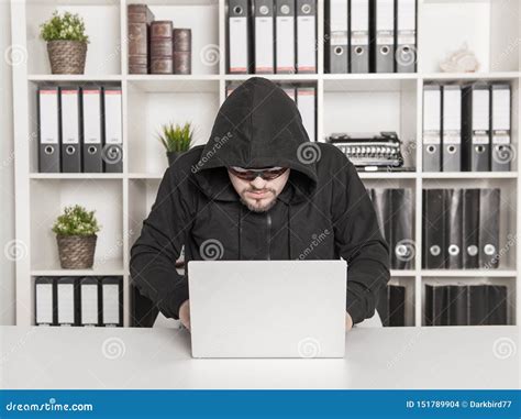 Man Hacker Using Laptop In Office Stock Photo Image Of Hacker Dark