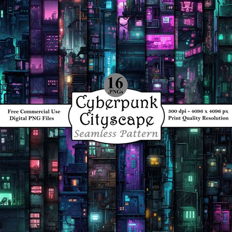 Cyberpunk Cityscape Seamless Pattern Bundle Digital Papers Printable Cyberpunk Cityscape Seamless Pattern Bundle Digital Papers Printable
