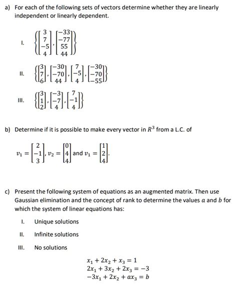 solved a for each of the following sets of vectors determine whether