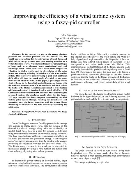Pdf Improving The Efficiency Of A Wind Turbine System Using A Fuzzy Pid Controller