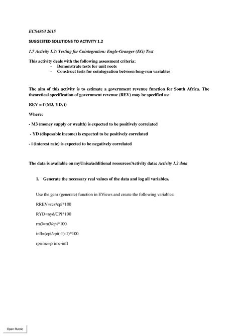 Activity 12 Econometrics Ecs4863 2015 Suggested Solutions To Activity 1 1 Activity 1