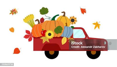 벡터 일러스트 레이 션입니다 호박 해바라기 흰색 바탕에 밀 뭉치가 있는 빨간 트럭 가을에 대한 스톡 벡터 아트 및 기타 이미지 가을 수확 픽업 트럭 Istock