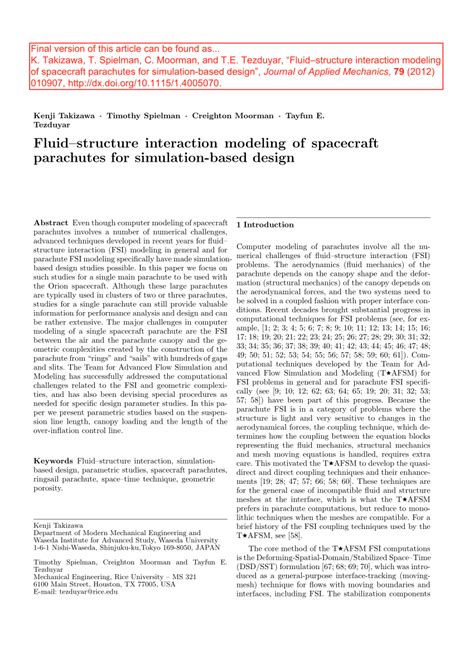 pdf fluid structure interaction modeling of spacecraft parachutes for