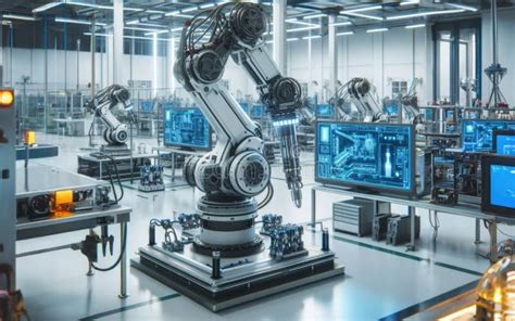 Robot Arms On Fully Automated Assembly Line Inside Modern Electronics Factory Stock Image