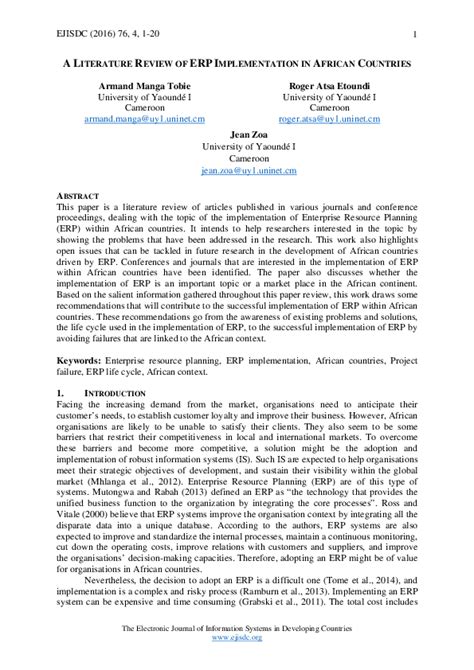 Pdf A Literature Review Of Erp Implementation In African Countries