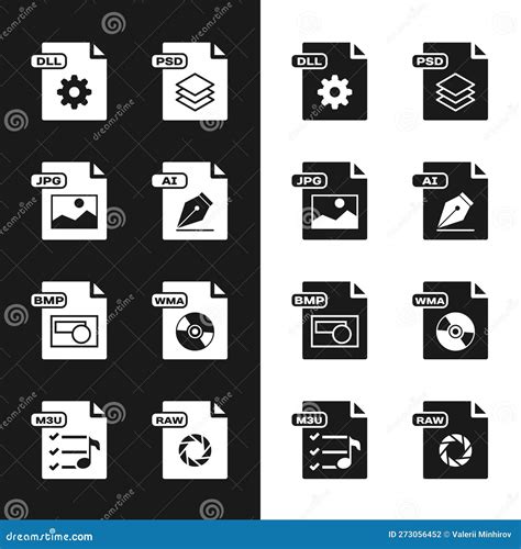 set ai file document dll psd bmp wma raw and m3u icon vector