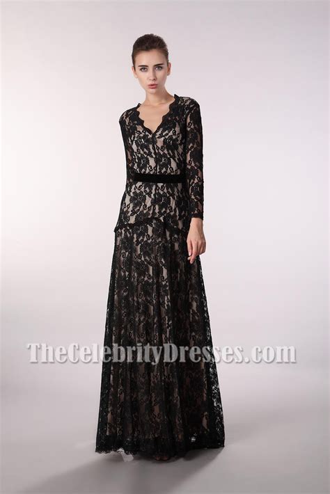 Floor Length Black Lace V Neck Long Sleeve Evening Prom Dress