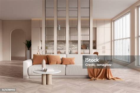 파노라마 창문이 있는 휴식 공간과 식사 공간이 있는 베이지색 스튜디오 인테리어 0명에 대한 스톡 사진 및 기타 이미지 0명 3차원 형태 가구 Istock