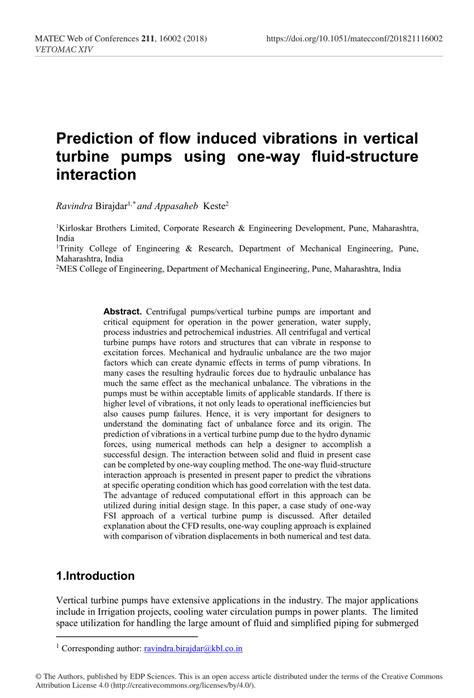 Pdf Prediction Of Flow Induced Vibrations In Vertical Turbine Pumps