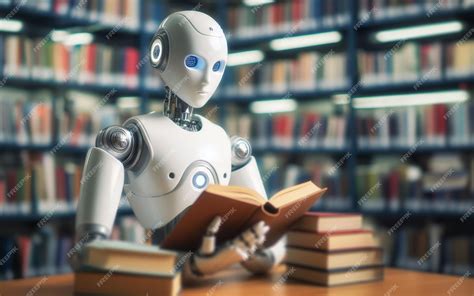 Artificial Intelligence Or Ai Robot Reads A Book In The Library Concept
