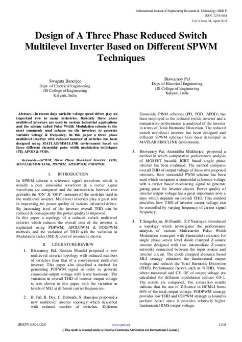 Pdf Ijert Design Of A Three Phase Reduced Switch Multilevel Inverter Based On Different Spwm