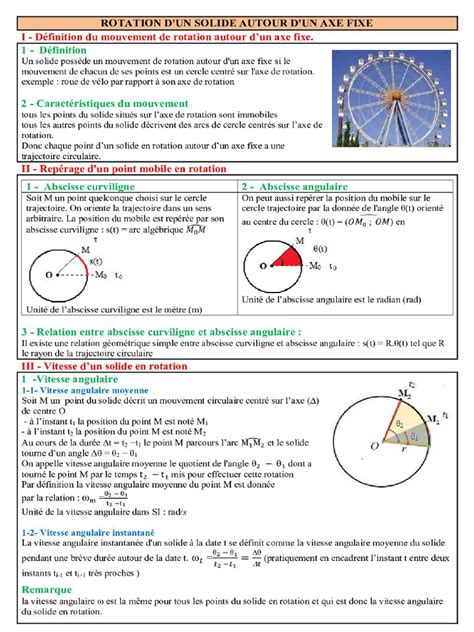 Rotation Dun Solide Indeformable Autour Dun Axe Fixe Resume De Cours