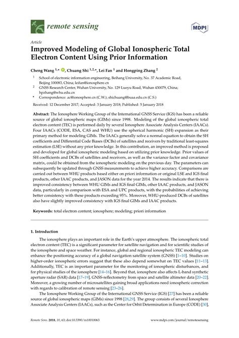 Pdf Improved Modeling Of Global Ionospheric Total Electron Content Using Prior Information