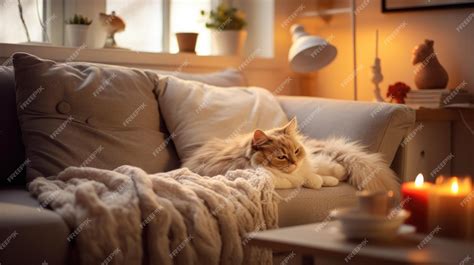 Premium Photo Cute Cat Sleeping On Sofa In Living Room At Christmas Time