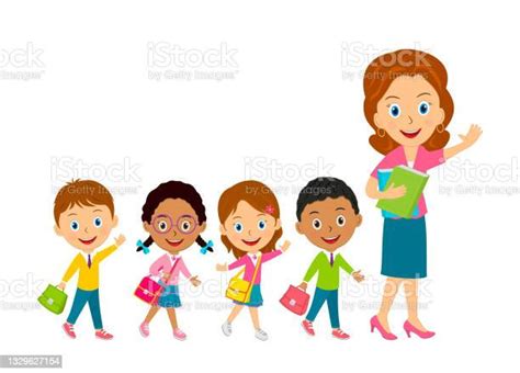 การ์ตูนน่ารักเด็กและครู ภาพประกอบสต็อก ดาวน์โหลดรูปภาพตอนนี้ กลุ่มชน จํานวนคน การร่วมกัน