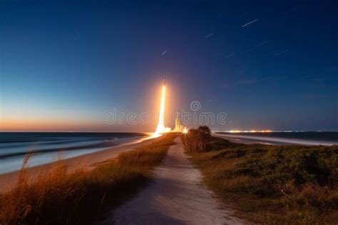 Illustration Of A Rocket Launching Into Space Representing Space Exploration And Technology