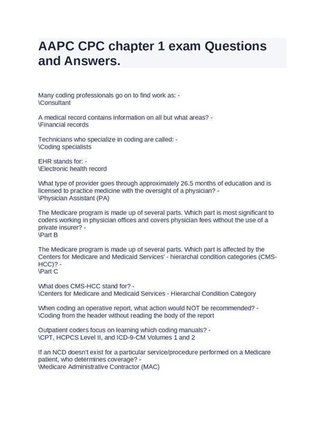 AAPC CPC Chapter Exam Questions And Answers Exams Medicine Docsity