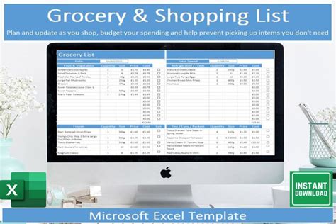 Editable Grocery List Template Microsoft Excel Spreadsheet