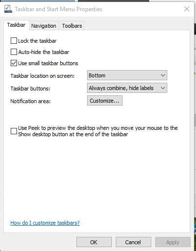 taskbar start menu customization tab missing solved windows 10 forums