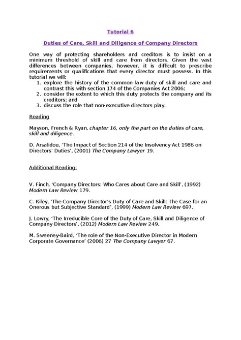 Tutorial 6 Tutorial 6 Duties Of Care Skill And Diligence Of Company